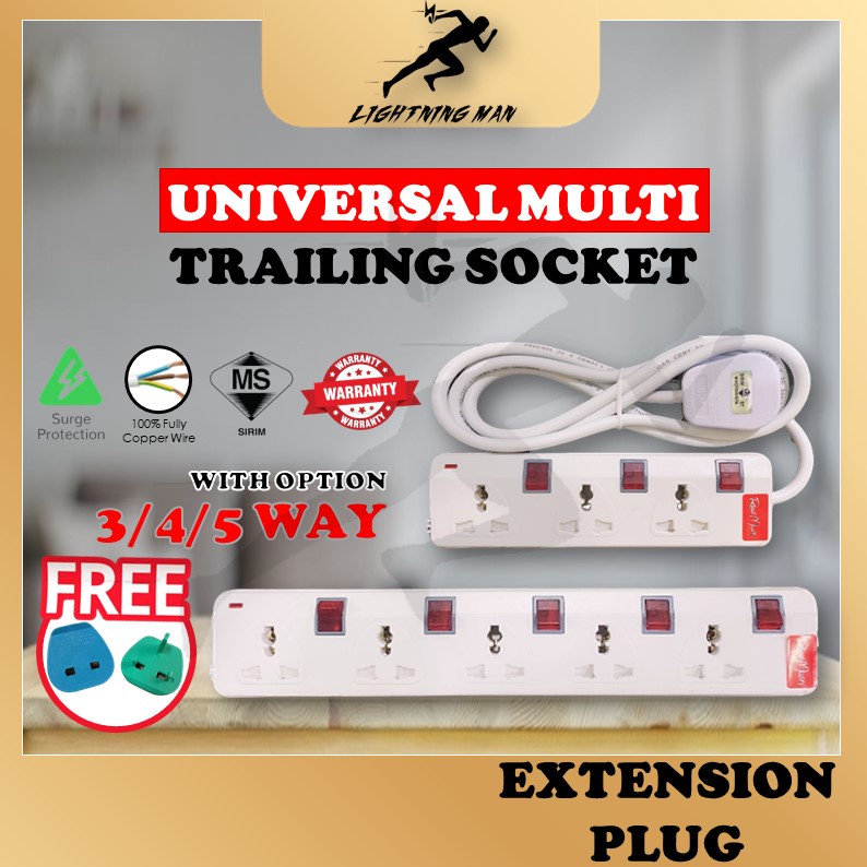 [ Free Plug Key ] Sirim Real Multi 2mtr 3 4 5 Way Universal Extension Trailing Socket Electric