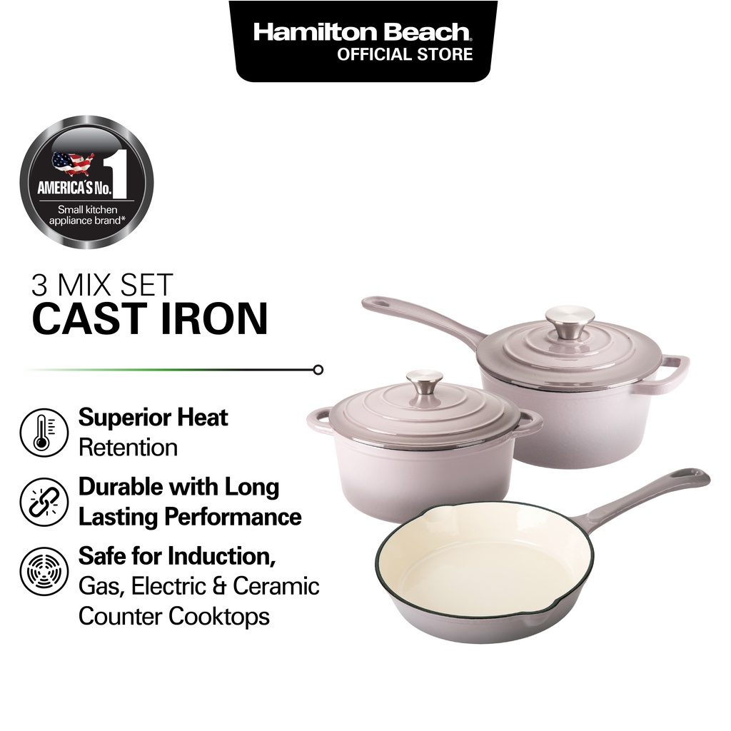 [Bundle] Hamilton Beach 3pcs Cast Iron Pots & Pans Set | 8in Fry Pan, 1 ...