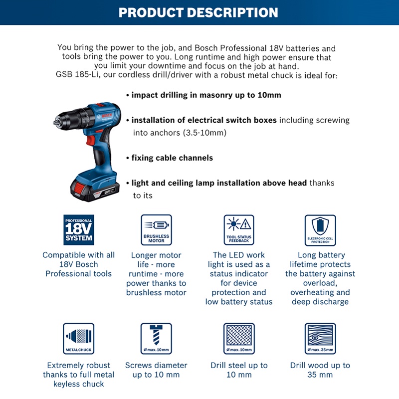 BOSCH GSB 185-LI Professional Brushless Cordless Impact Drill With ...