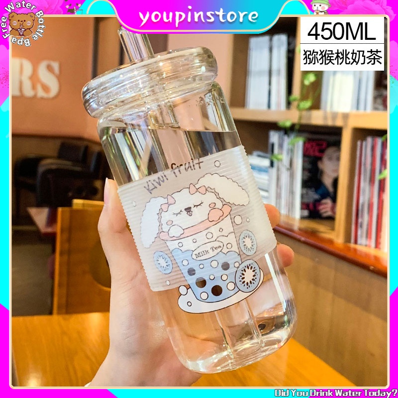 VOLEMER Cute New Water Cup 450ml Pearl Milk Tea Straw Glass Cup Ins Student with Lid Cup Trendy ...