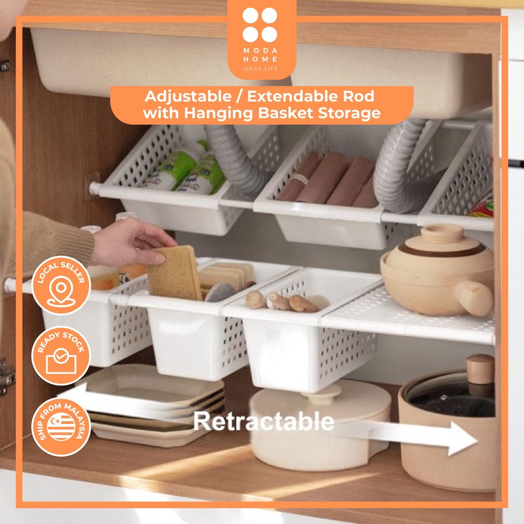 Moda Home Adjustable/Extendable Rod W/ Hanging Basket Storage Partition ...