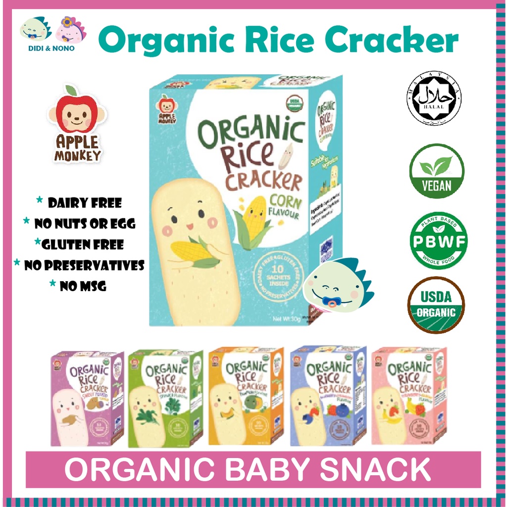 Apple Monkey Organic Rice Cracker 30gm 6 Flavors for baby 6m+ Biskut ...