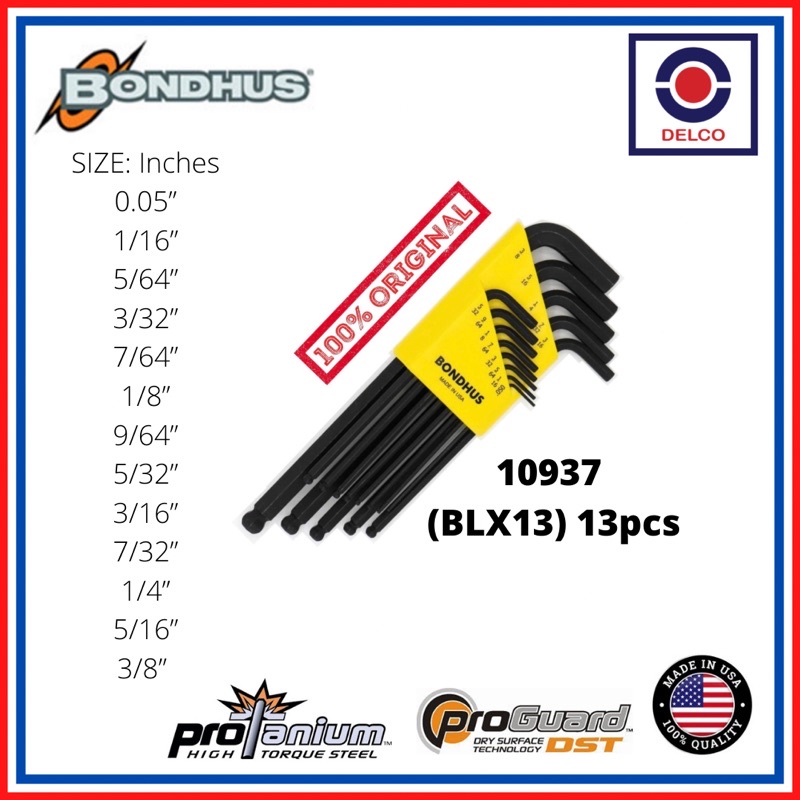 BONDHUS BALL END L-WRENCH SET (INCHES) 10937 (BLX13), 10936 (BLX12 ...