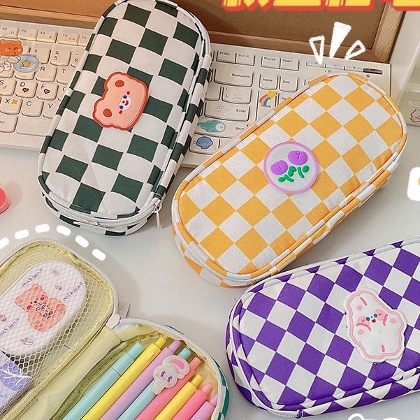 Caro Pattern Pen Box With Cute Cartoon Logo | Shopee Malaysia