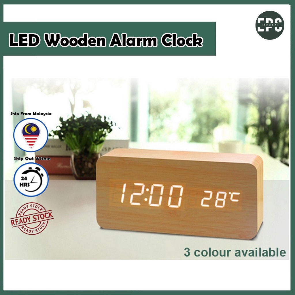 LED Wooden Alarm Clock Voice Control with USB Calendar Thermometer ...