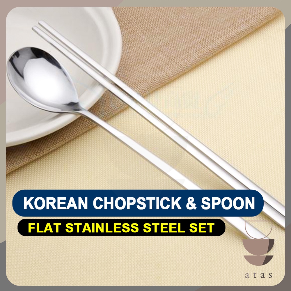 KOREAN STYLE ATAS Stainless Steel Flat Chopstick Spoon Silver Cutlery ...