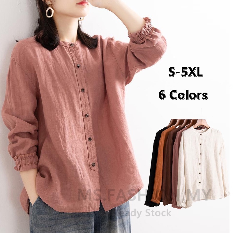 🌸READY STOCK🌸2023 6 colors Women Blouse Loose Plus Size Crew Neck Long ...