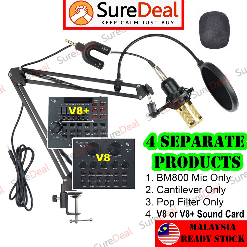 SUREDEAL BM800 Condenser Microphone Set Cable Stand Pop Filter V8+ Plus Sound Card PC ...