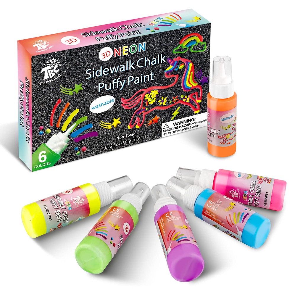 TBC 3D Puffy Paint Sidewalk Chalk Paint 6 Neon Colors Washable Non ...