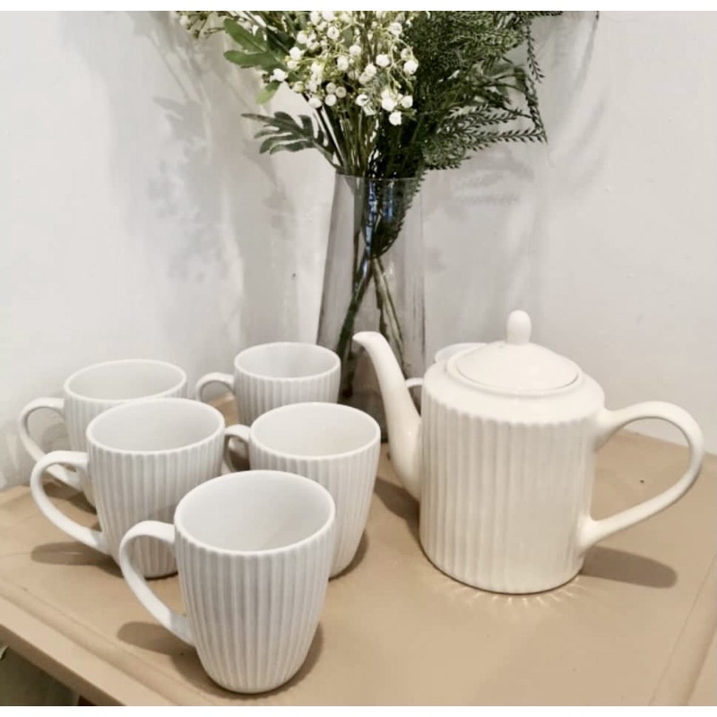 White Tea Set 6pcs and 1pc Teapot / Teko Air / Coffee Set / White Tea ...