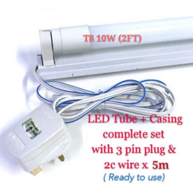 T8 10W LED Tube + Casing Complete Set With 3 Pin Plug & 2c Wire x ...