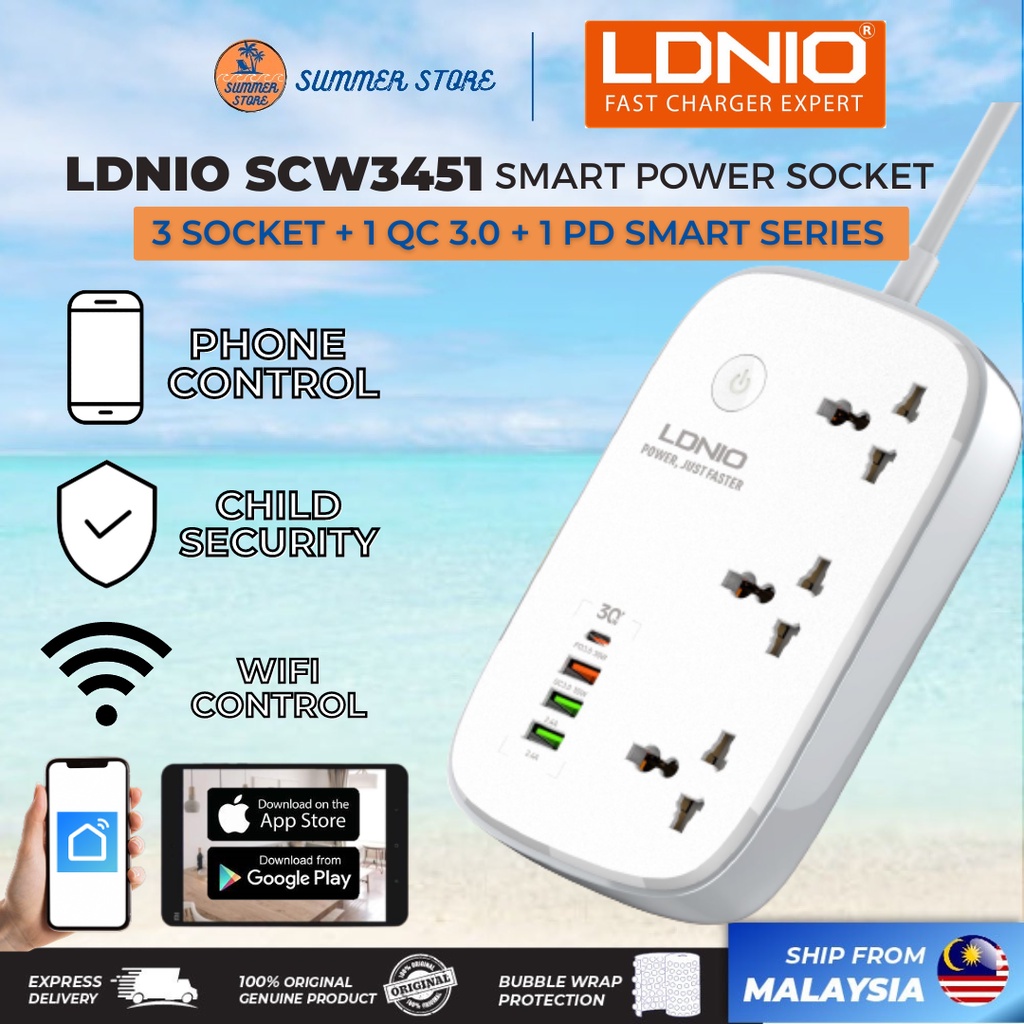 Ldnio SCW3451 Smart Socket Universal Extension WiFi Smart Power Strip 3 SOCKET 3 USB 1PD Fast ...