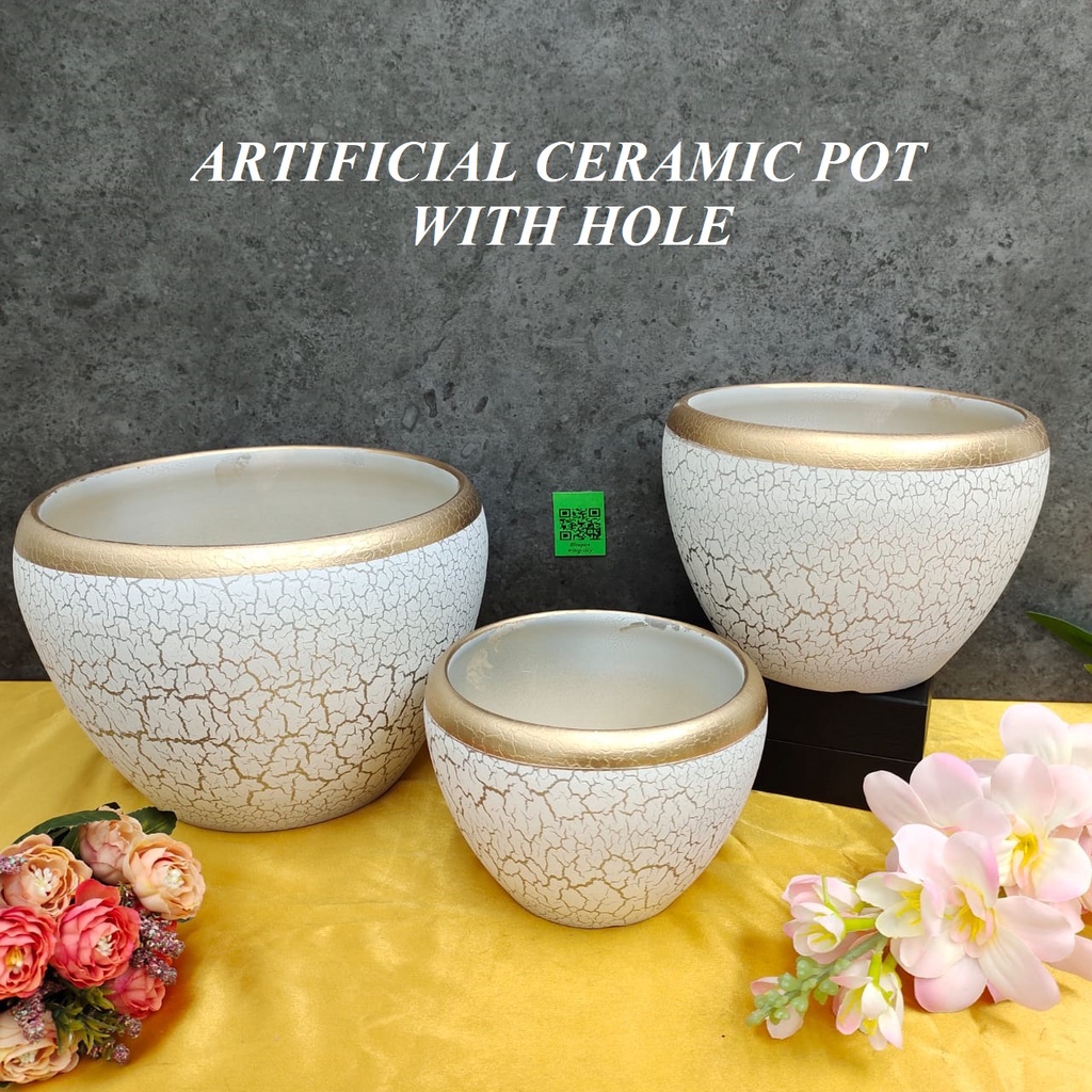 ARTIFICIAL CERAMIC POT WITH HOLE FOR ARRANGEMENT FLOWER (SIZE M ...