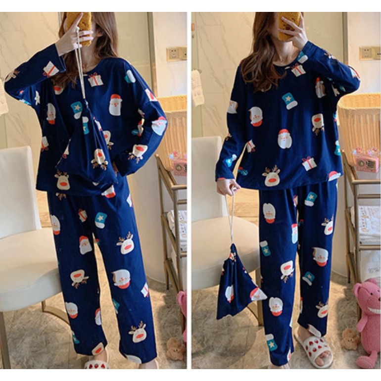 Ready Stock LPS001 Women Long Pajamas Set Soft Baju Tidur Sleepwear ...