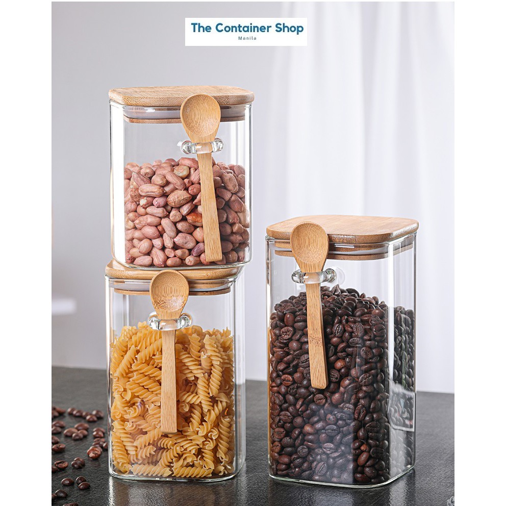 Container Shop SQUARE Glass Storage Jar with Bamboo Wood Lid and Spoon ...
