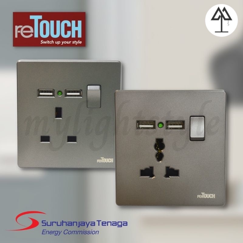 [New] reTouch Ultra Rimless 13A USB Double Switch Socket Grey Kelabu ...
