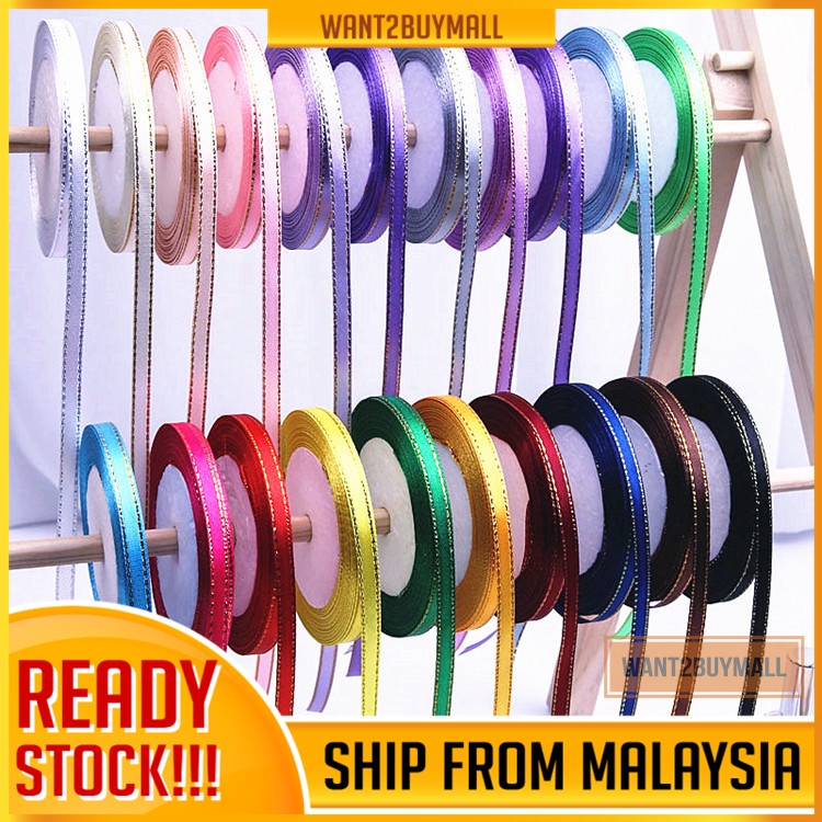 🇲🇾 🏆 25yrd/Roll 0.6cm 1cm Gold Edged Line Satin Ribbon Hadiah Wrapping ...