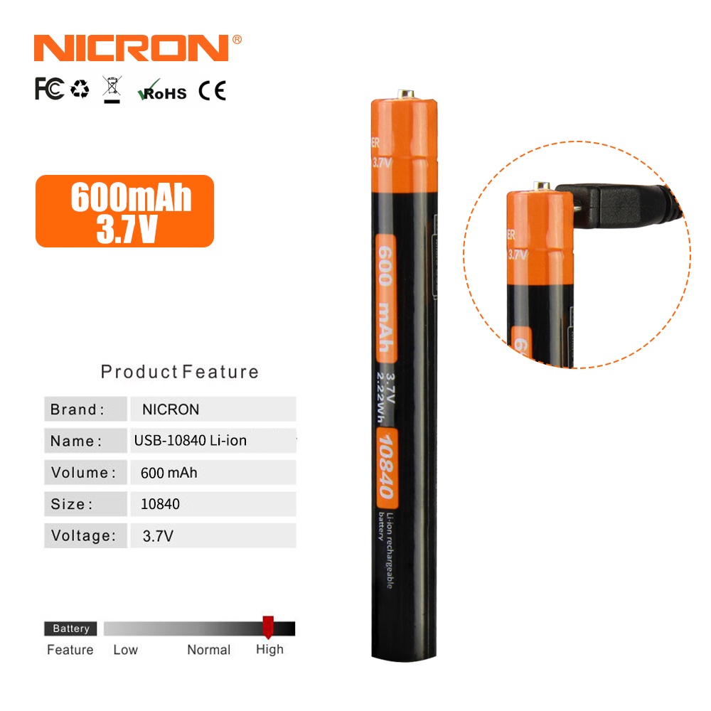 Nicron High Capacity 10840 USB-10840 Li-ion Battery Rechargeable USB ...