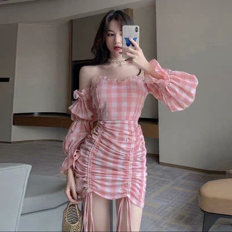 Ulzzang plaid off-the-shoulder dress(available) | Shopee Malaysia