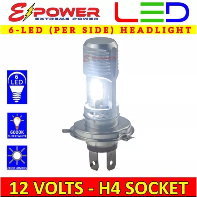 E POWER H4 (P43T Socket) 12V LED Cool White Motorcycle Headlight Bulb ...