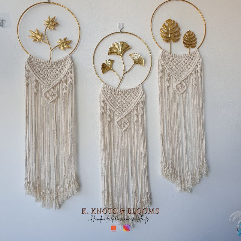 "Sam" Boho Macrame Handmade Wall Hanging Nordic Gold Leaf Decoration & Gift|Kraft Hiasan ...