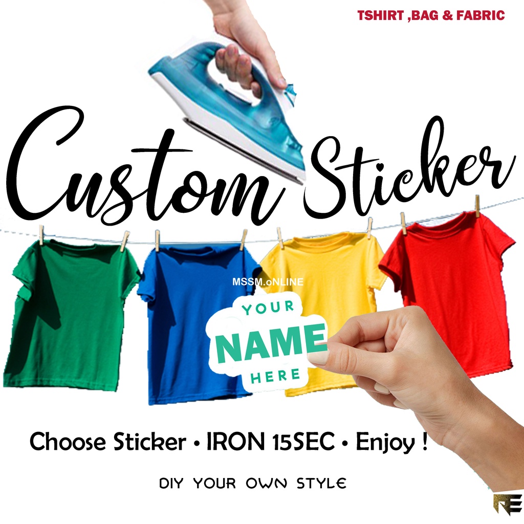 PU vinyl custom name sticker t-shirt bag women man unisex kain telekung ...