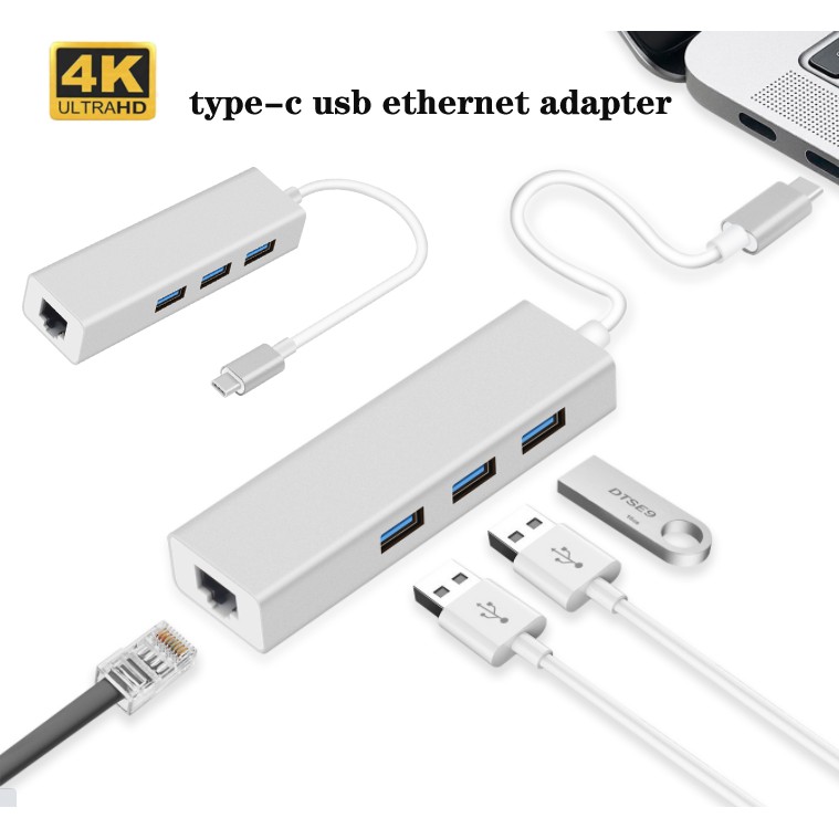 Type C Usb Ethernet Adapter 3 Ports Usb 3 0 Hub Usb To Rj45 100mbps Lan Network Card For Pro
