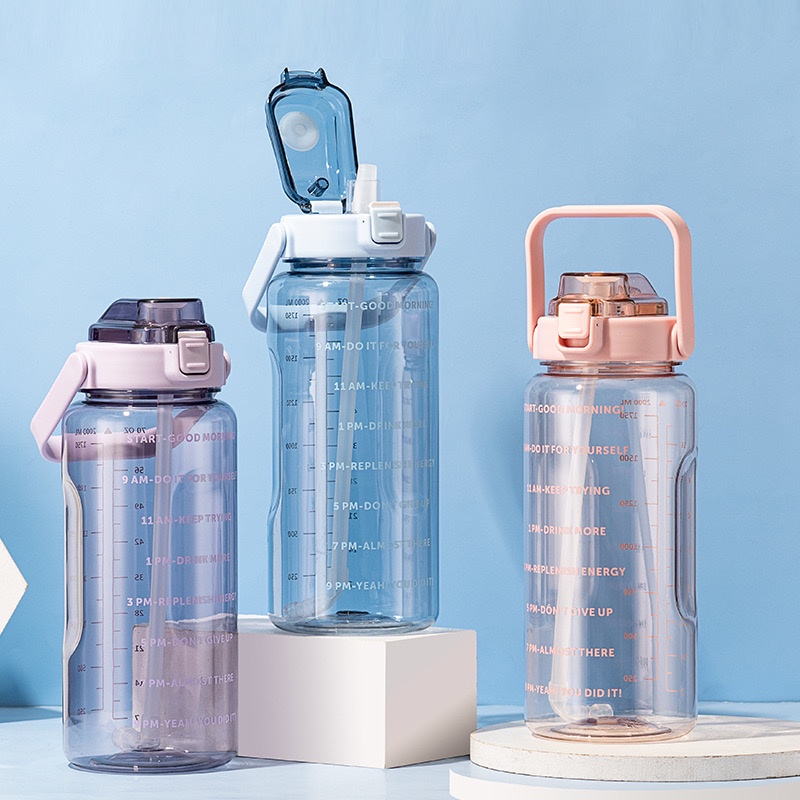2000ml With Reminder Time Water Tumbler With Straw Big Bottle 2 Liter Food Grade PC Water Bottle ...