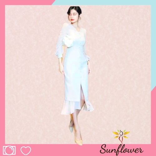 Sunflower DN40 cream wrap fishtail collar dress. | Shopee Malaysia