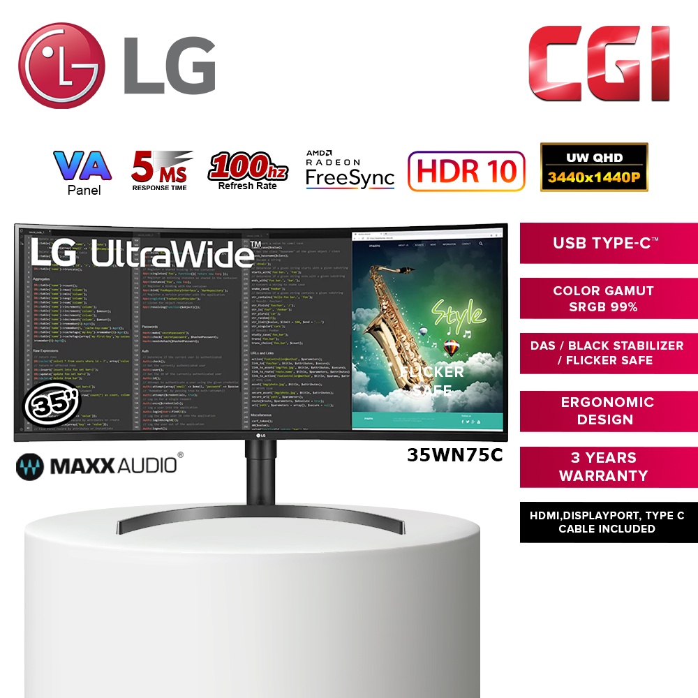 LG 35'' 35WN75C UltraWide 100Hz 5ms QHD HDR10 VA USB-C DP 94W Curved ...