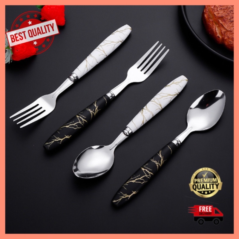 🔥READY STOCK🔥5 pcs White And Black Marble Spoon And Fork Stainless ...