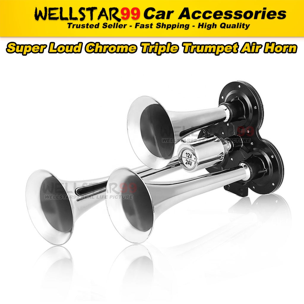 New 12/24v 135db Super Loud Chrome no rust Triple Trumpet Air Horn Boat ...