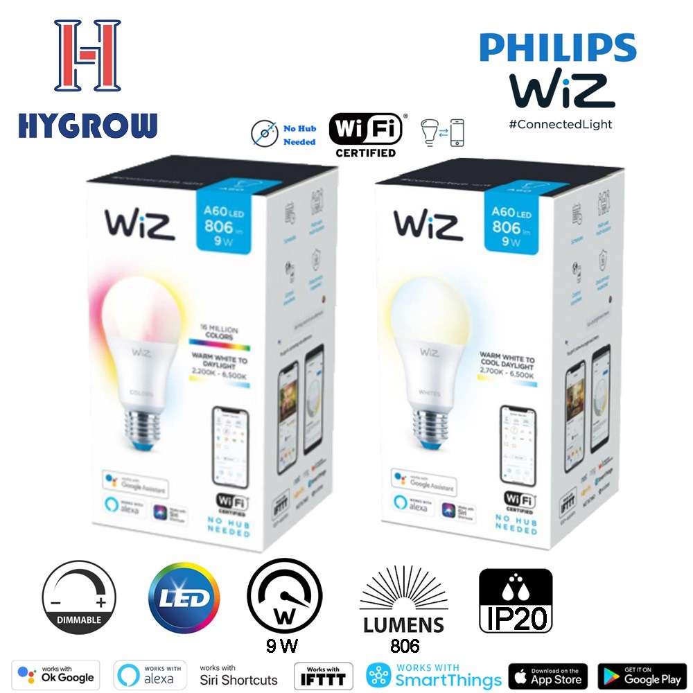 PHILIPS WiZ A60 E27 806LM LED Smart Lighting Tunable White and Colour Bulb(9W 2700-6500K + RGB ...