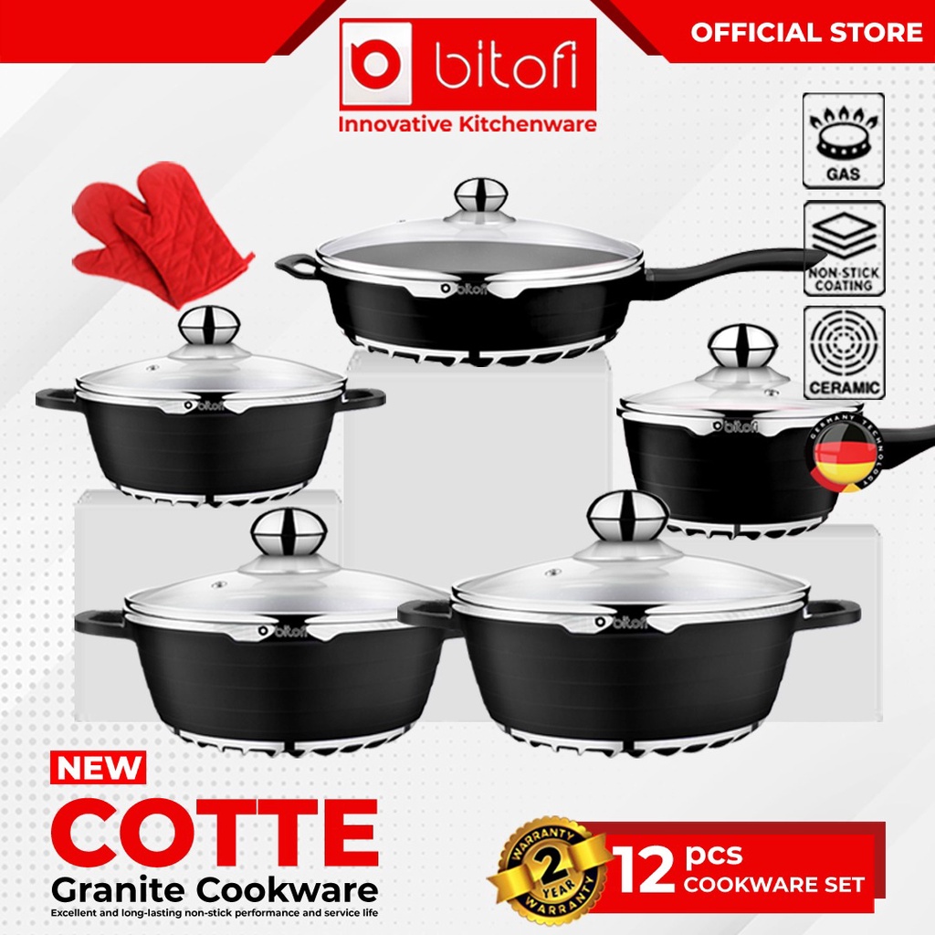 BITOFI GERMANY COTTE 12PCS Cookware Set Non Stick Granite Cooking Pot ...