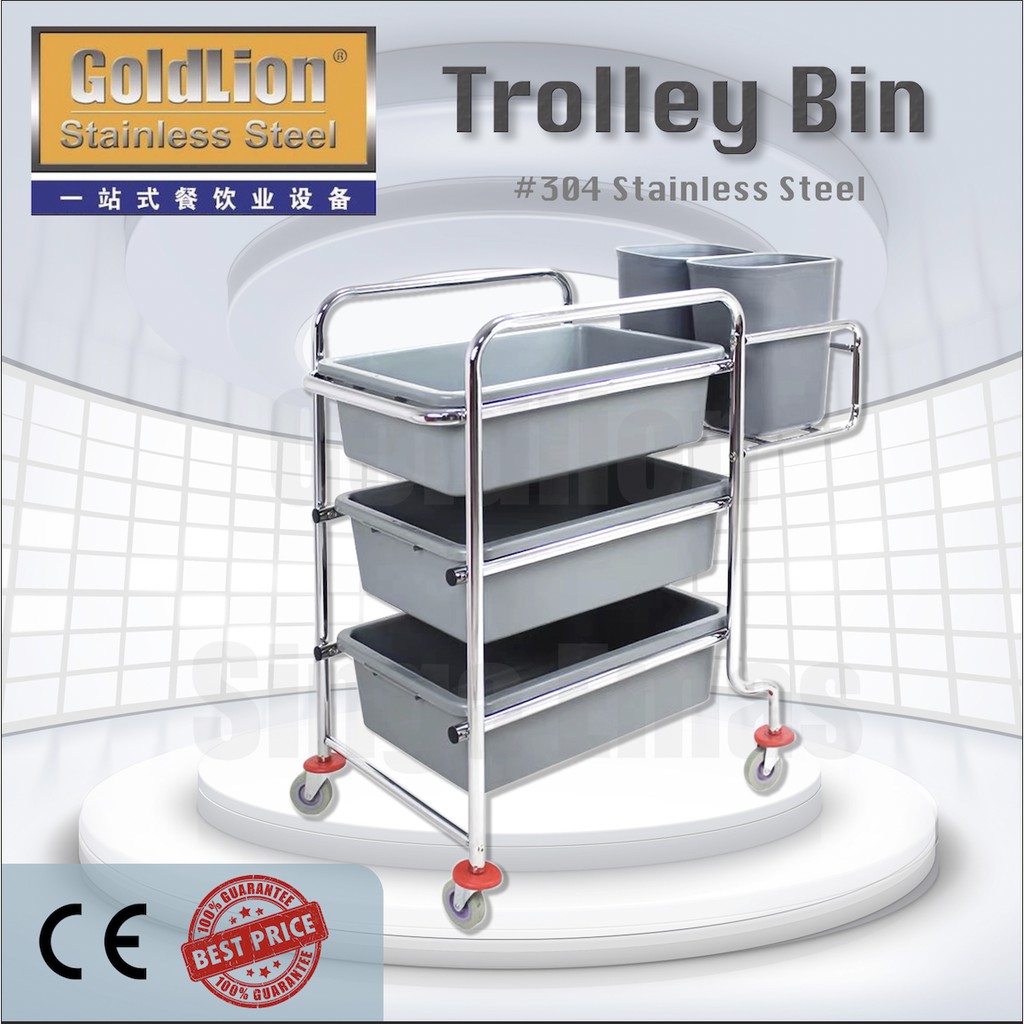 Stainless Steel Trolley Bin Kitchen Bowl 3 Tier Layer Dining Cart ...