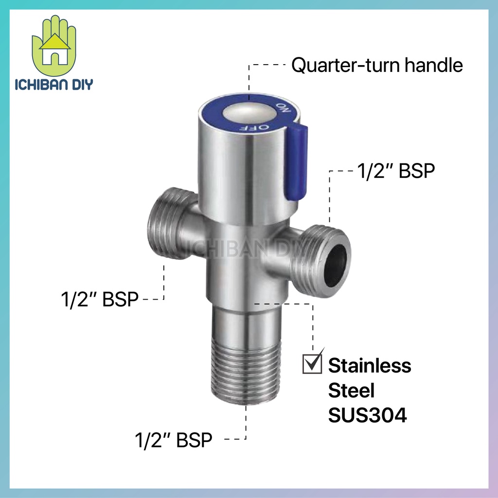 SUS304 Stainless Steel 2 Way Stop Valve Angle Two Water Pipe Tap Injap ...