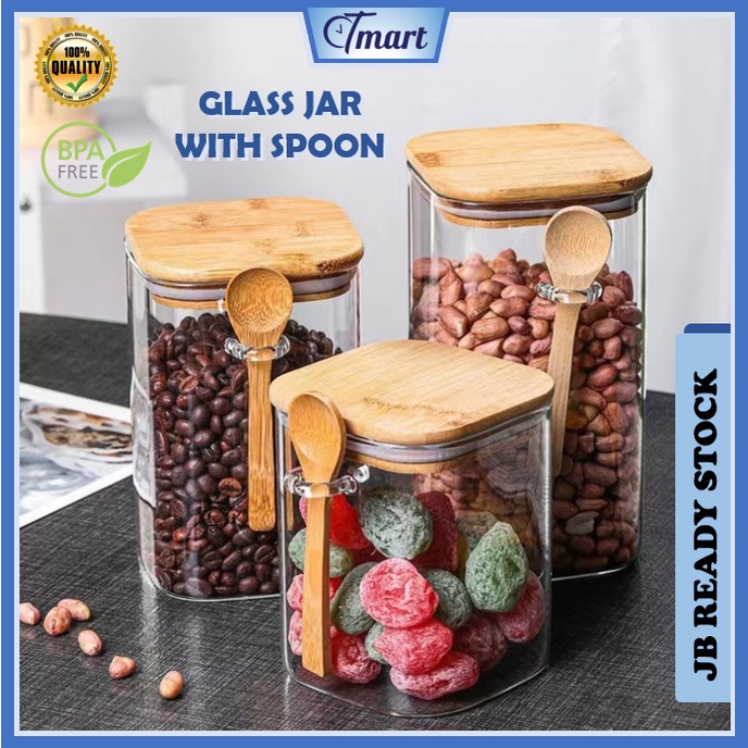 Food Storage Glass Jar with Spoon & Bamboo Lid, Food Storage Canister ...