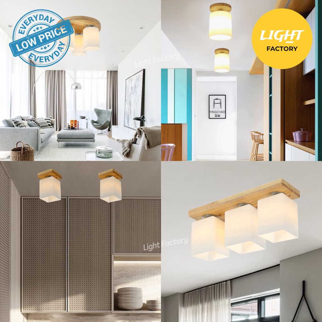 MUJI Style Cylinder Cube Wooden Ceiling Light E27 Bulb Holder Frosted ...