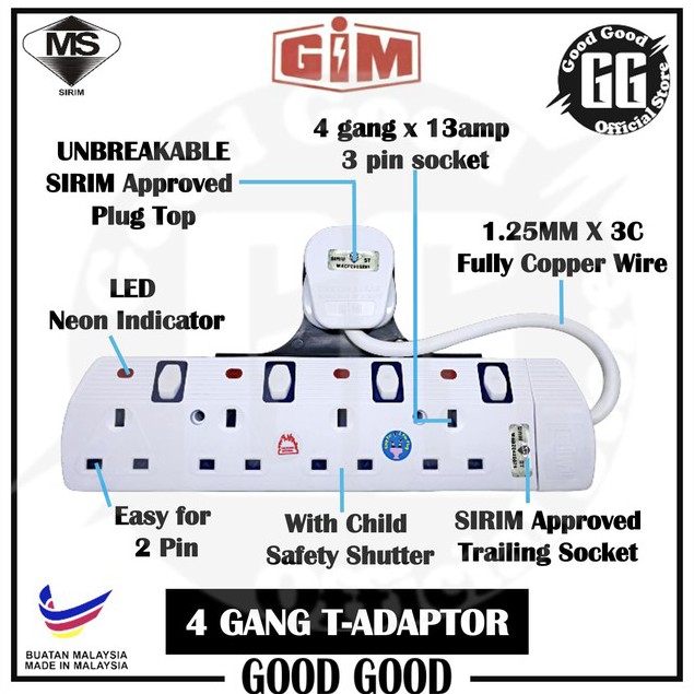 [Sirim] 2M 5M Extension Multiple Plug Adaptor Trailing Socket w Neon ...