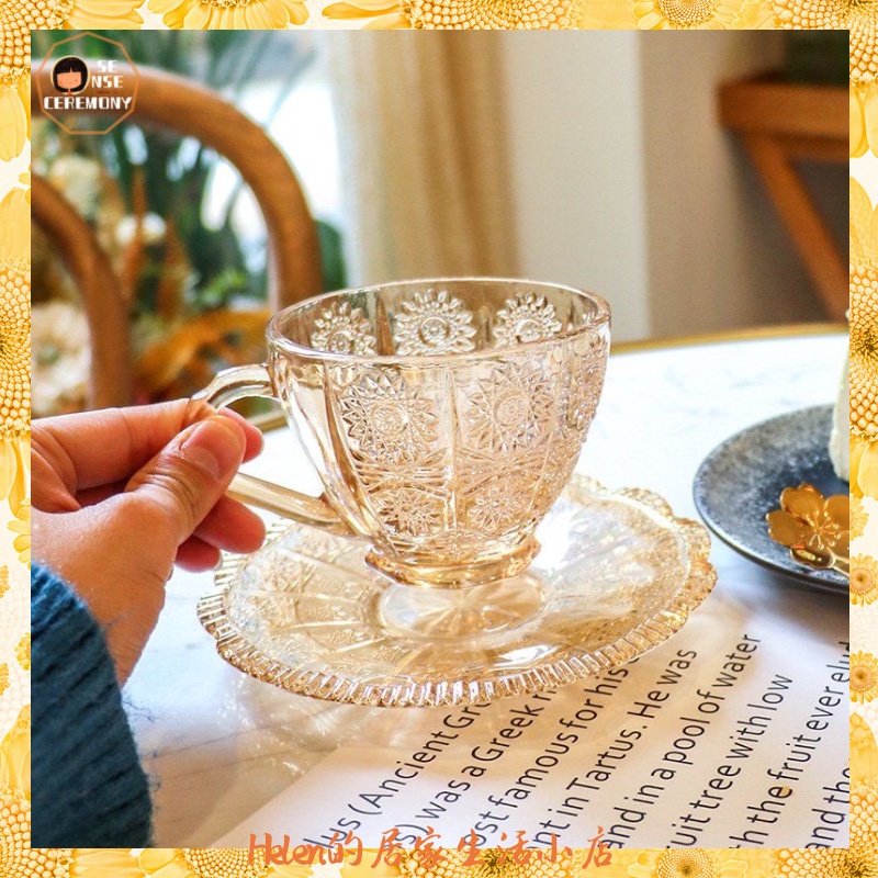 #9006 Set Cawan dan Piring Kopi Kaca Retro, Cawan Kopi Pejabat, Cawan ...