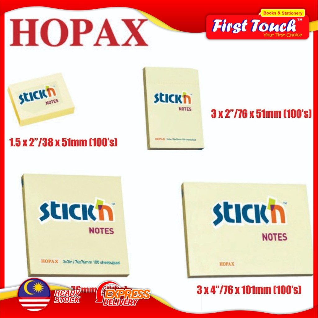 HOPAX Stick On Notes (1.5 x 2'' / 3 x 2'' / 3 x 3'' / 3 x 4'') 100sheet ...