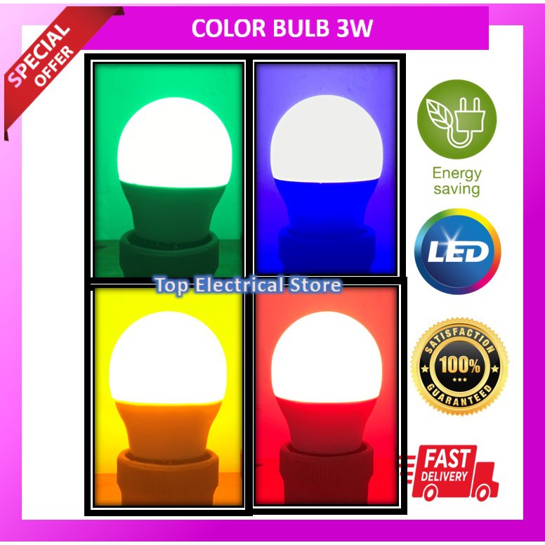 LED COLOR BULB 3W E27 E22 PING PONG LAMPU RAYA COLOUR BULB RED/YELLOW ...