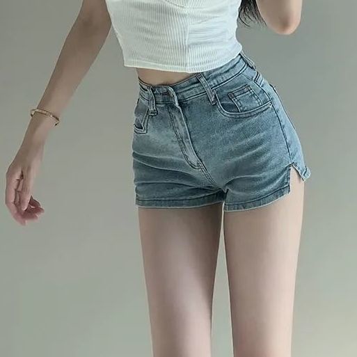 Light Blue Split Denim Shorts Female Hot Girl Summer New Style High ...