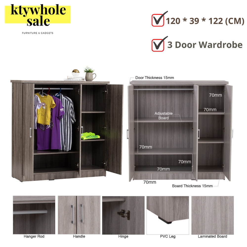 KTY Almari Baju 3 Doors 6 Wide Grids Wardrobe Almari High Quality ...