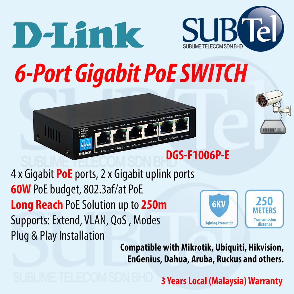 D-Link DGS-F1006P-E 6-Port Gigabit Switch with 4 PoE and 2 Uplink Ports ...