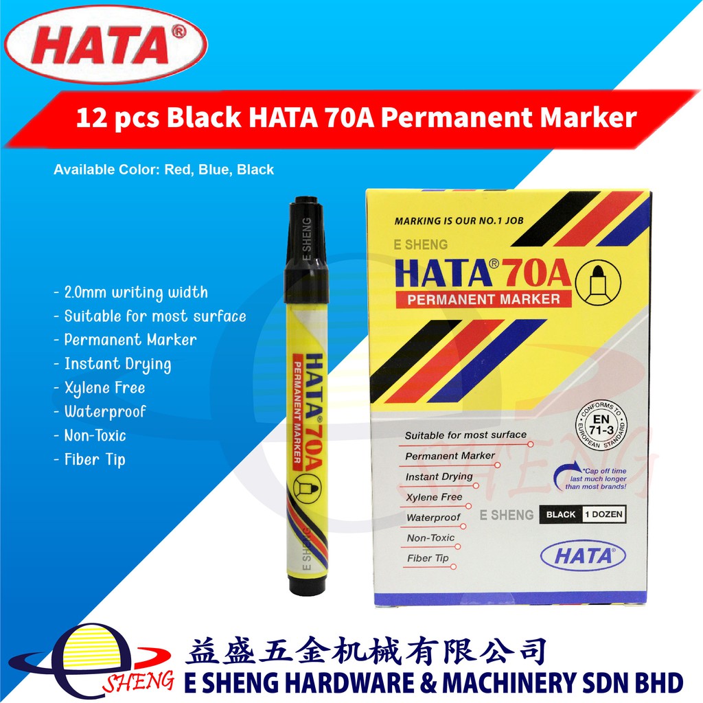 HATA 70A 12 pcs - Black / Blue / Red Permanent Marker Pen (1 Box ...