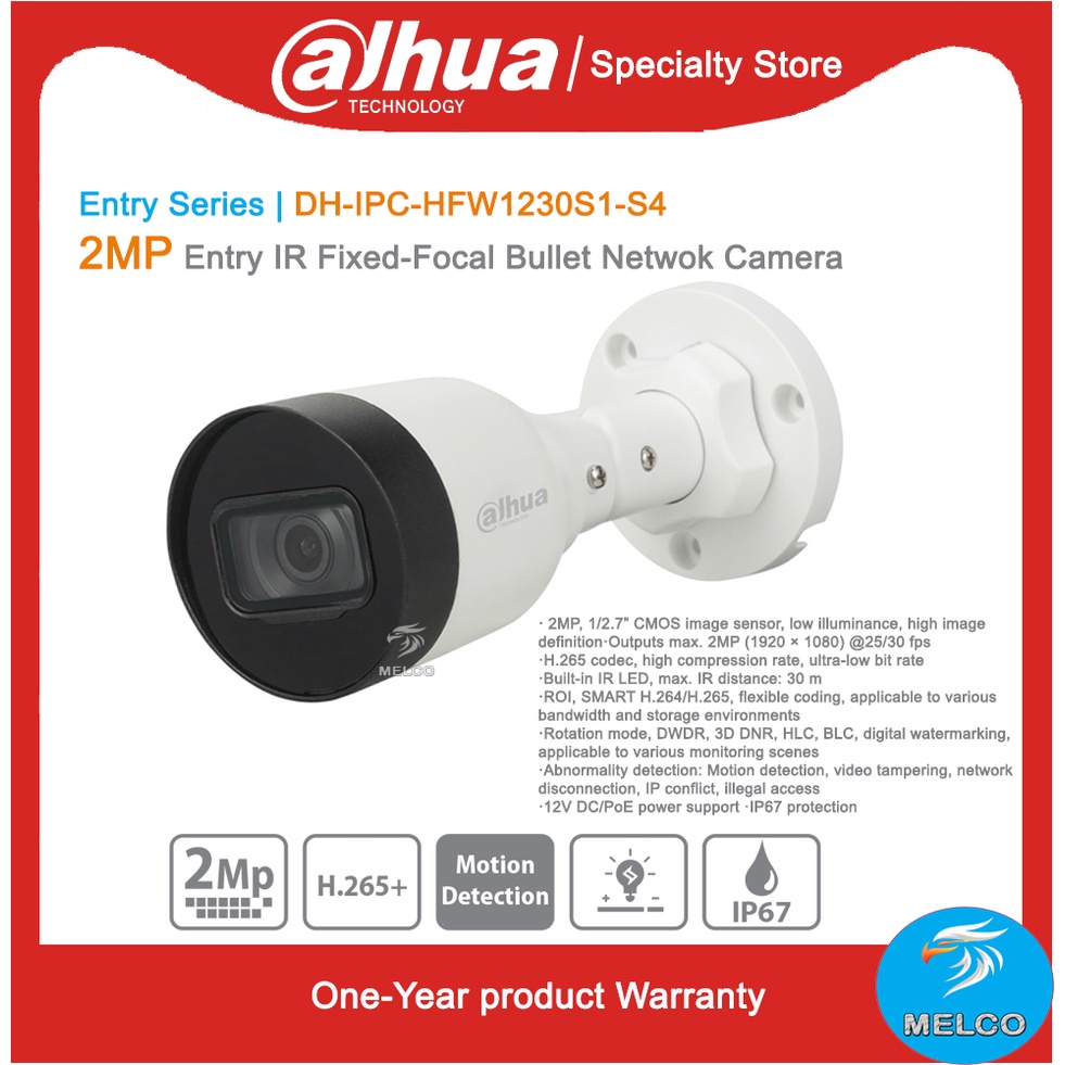 Dahua DH-IPC-HFW1230S1-S4 DAHUA 1/2.7 ENTRY 2MP IP67 FIXED LENS IR FOCAL BULLET IP CAMERA ...