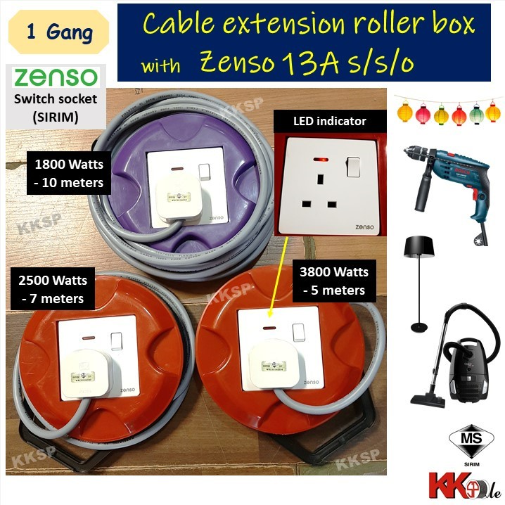 (Max. 3600W)SIRIM 13A 1 Gang cable extension roller box Single ...