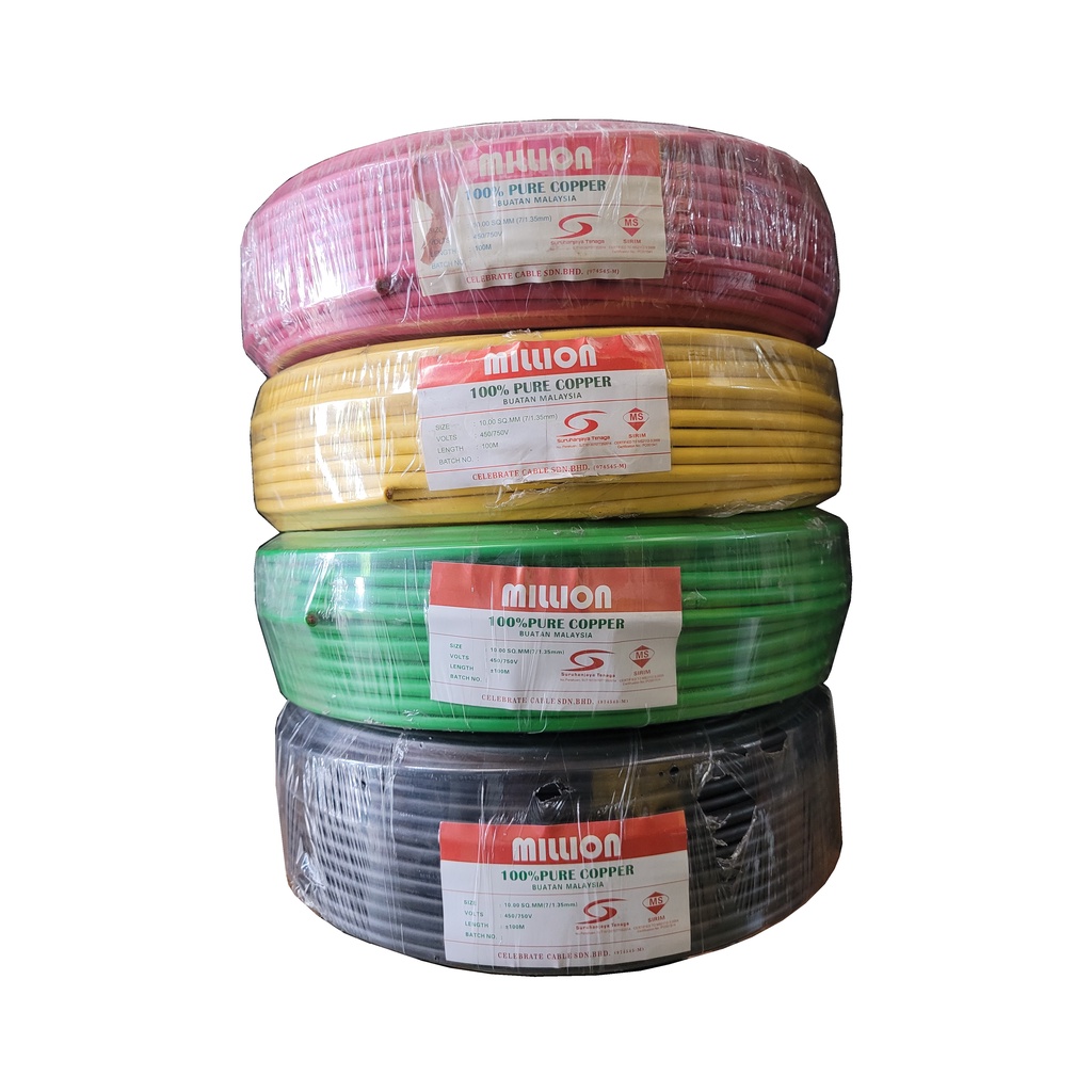 Million 10mm PVC Cable 100% Pure Copper (Black/ Red/ Yellow/ Green ...