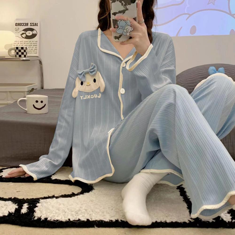 Women's long sleeved pajamas, light blue and white cardigan, household ...